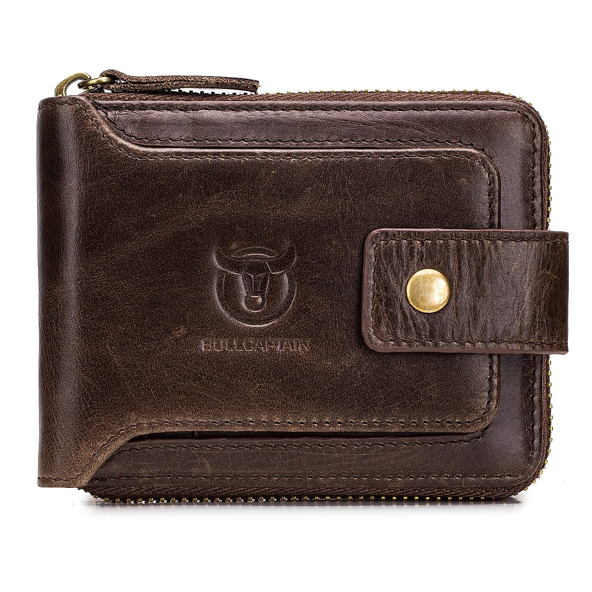 LUKZIJAES Genuine Leather Wallet for Men RFID Blocking Large Capacity Card Case with Zipper ID Window Coin Pocket (#2-Coffee)