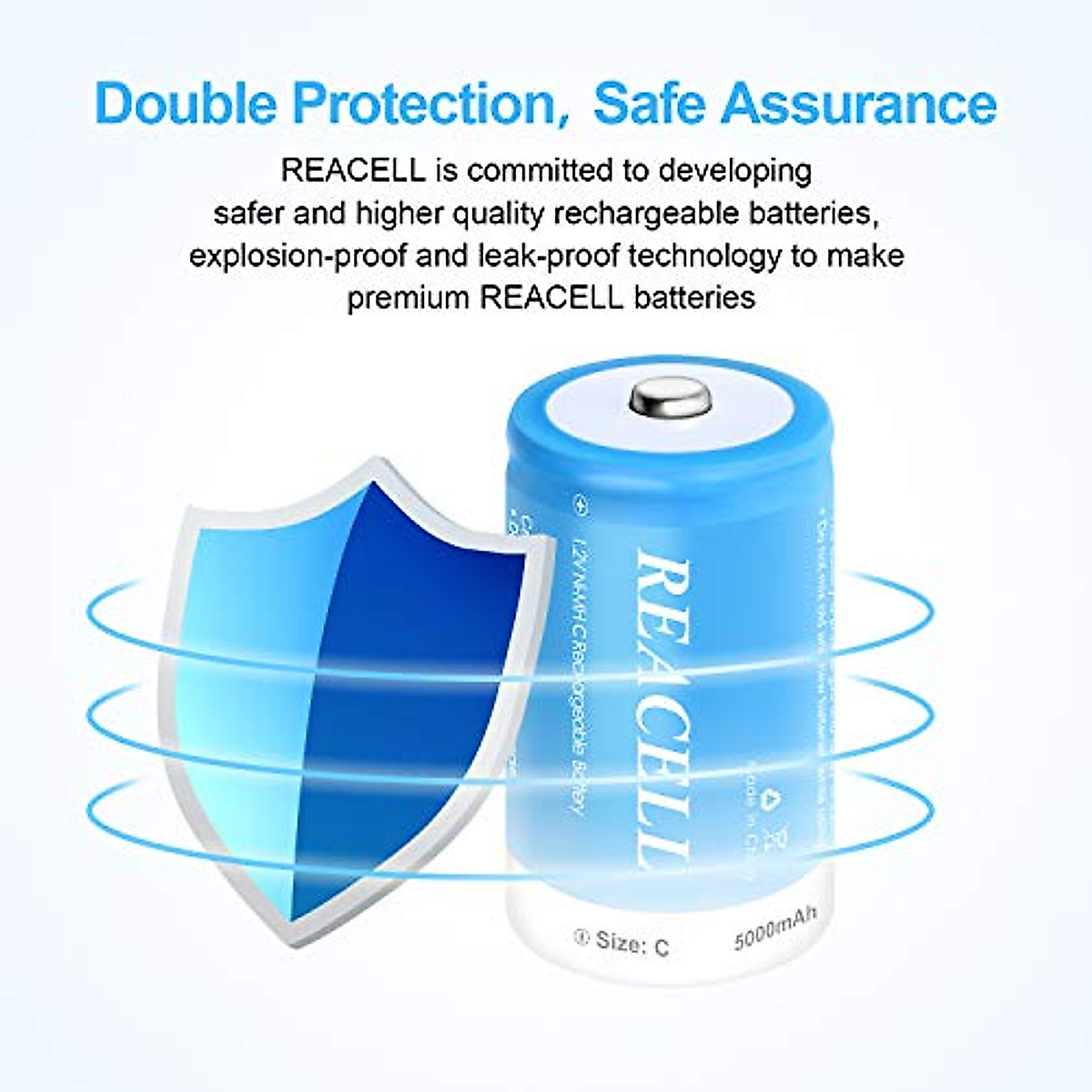 REACELL Rechargeable C Cell 5000mAh, C Size Rechargeable Batteries Long Lasting C Batteries with Storage Case, 4 Counts