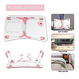 Laptop Bed Table, Foldable Laptop Desk Bed Tray with Storage Drawer, Lap Desk TV Tray for Breakfast Serving, Notebook Stand Reading Holder with Phone Slot and Cup Holder for Sofa Couch Floor-Pink