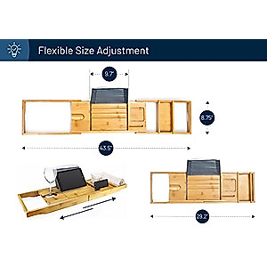 RoyalHouse Bamboo Bathtub Caddy Tray, Expandable Bath Table Over Tub with Glass Book, Adjustable Organizer Tray for Bathroom, Wine and Phone Holder, Ideal Gift for Family & Friends