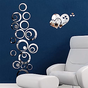 ELANE 29PCS DIY Mirror Wall Decals,Including 24PCS Circle Mirror Wall Sticker Wall Decoration and 5 PCS Heart Removable Mirror Stickers Self Adhesive Mirror Decal for home decoration office Living Room Bedroom (Silver)