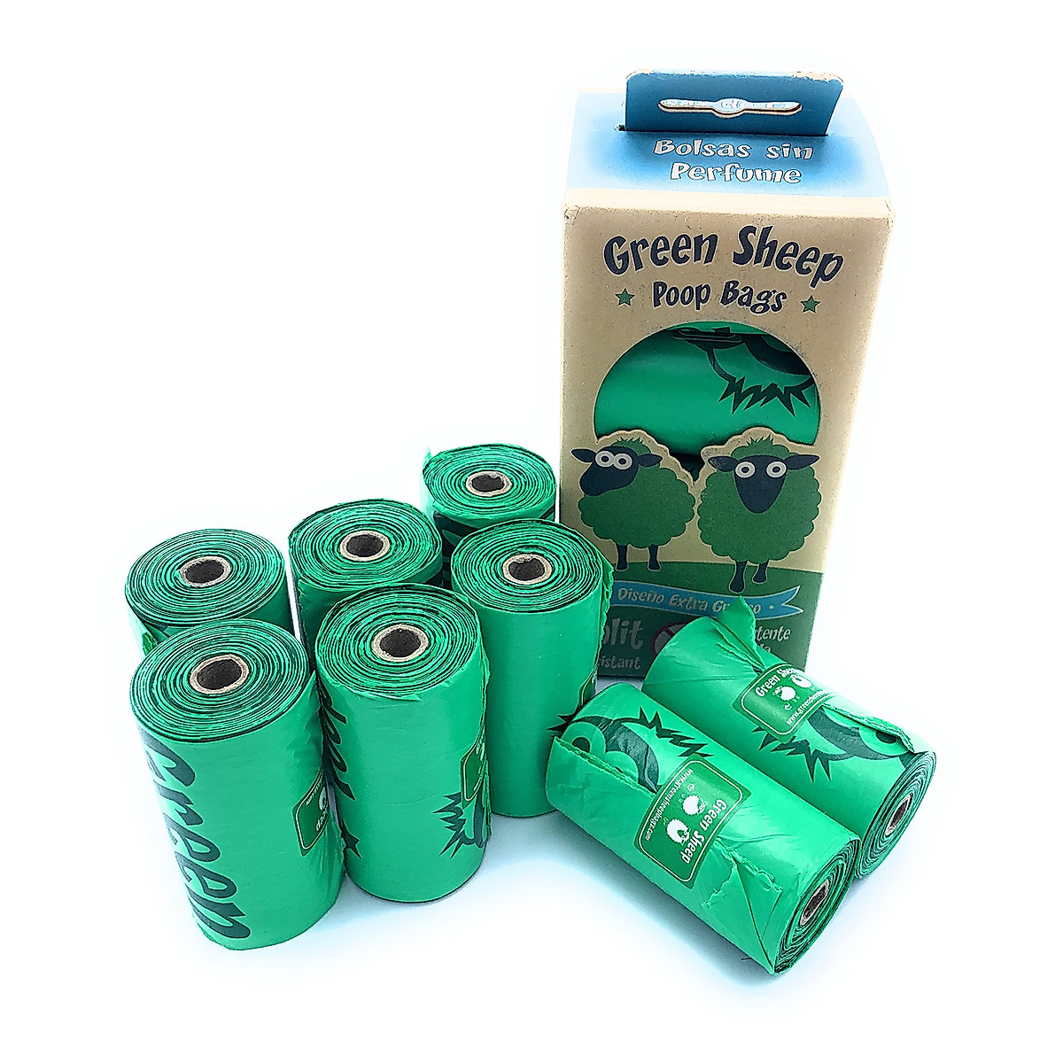 DB Green Sheep Biodegradable Dog Poop Bags, Extra Thick, Extra Strong, Split-resistant Leak-Proof Poop Bags for Dogs, 15 Doggy Bags per Roll, 8 Rolls per Box, Each Dog Poop Bag Measures 9 x 12.5 inch