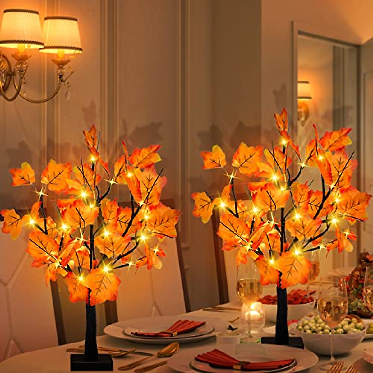 2 Pack 24-inch Fall Lighted Maple Tree, 48 LED Lights, Thanksgiving Decoration Table Tree, Battery Operated DIY Artificial Tree, Centerpieces Decor Tree for Home Desktop Autumn Harvest Tabletop Indoor