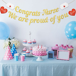 Whaline 2Pcs Nurse Graduation Paper Banner Glitter Gold Congrats Nurse Hanging Garland We are Proud of You Letter Party Banner for Nursing Medical School Nurse Graduation Party Decor Supplies, 8.2Ft