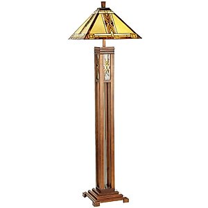 Robert Louis Tiffany Mission Rustic Tiffany Style Floor Lamp with Night Light 62.5" Tall Walnut Wood Column Square Geometric Stained Glass Shade Decor for Living Room Reading House Bedroom