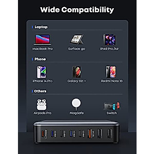 USB C Laptop Charger,UPmark 185W GaN II 8 Port Desktop Fast Charging(USB-C 5 Port PD/PPS/QC and USB 3Port) with 2 Pack USB C Cable,Compatible with MacBook Pro/Air,iPhone 14/13/Pro/Max/Galaxy Note20