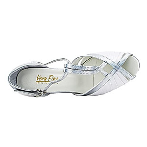 Very Fine Womens Dance Shoe Gabriella Bachata Swing Salsa Latin Ballroom White Satin and Silver 2.5" Heel 4.5 US