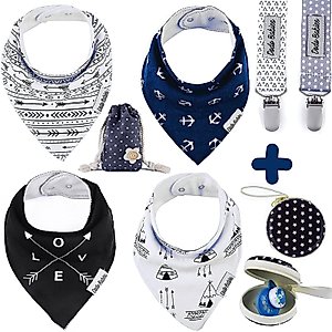 Dodo Babies Bandana Drool Bib Set – Four 100% Cotton Bibs with Soft Polyester Lining, 2 Pacifier Clips, Binky Case, Navy Dot Gift Bag for Baby Girl or Boy Shower – Adjustable Snap Fit for 3-24 Months