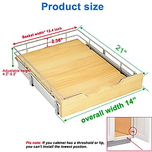 DINDON Pull Out Cabinet Organizer (14" W x 21" D),1 Tier Slide Out Shelf, Shelves Organization and Storage for Kitchen Under Sink Space, Wood and Wire Basket