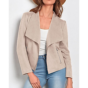 KIRUNDO Women's Faux Leather Suede Jacket 2024 Fall Fashion Light Long Sleeve Cropped Jacket Coats with Pockets(Beige Apricot, Medium)