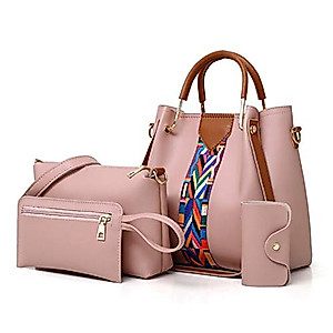 SMALLBLUER 4pcs Hobo Tote and Purse Satchel for Women Top-handle Handbag PU Shoulder Bag Clutch Card Holder-Pink