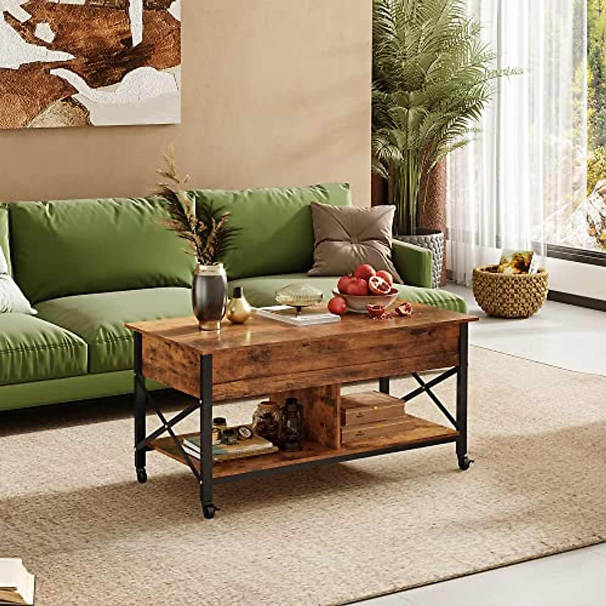 WLIVE Lift Top Coffee Table for Living Room,Coffee Table with Storage,Hidden Compartment and Metal Frame, Central Table with 4 Casters for Reception Room,Rustic Brown.