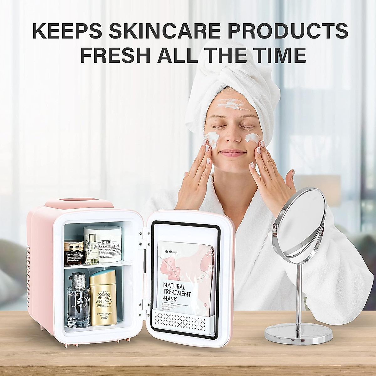 HealSmart Portable Mini Fridge, 4 Liter 6 Can Cooler and Warmer Compact Refrigerators 100% Freon-Free & Eco Friendly for Drinks, Food, Pink