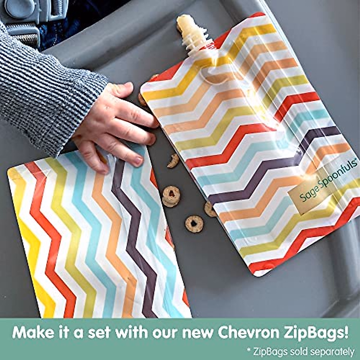 Sage Spoonfuls Reusable Baby Food Pouches - 6 Pack, Baby Food Storage, Pouches Toddler, Refillable Squeeze Pouch for Kids (Chevron), Dishwasher and Freezer Safe, BPA Free