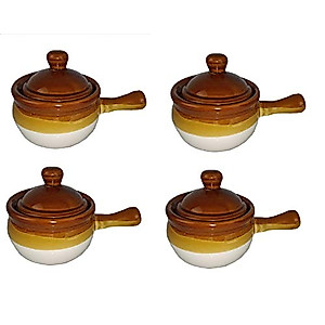 Individual French Onion Soup Crock Chili Bowls with Handles and Lids, Ceramic 16 Ounces 4 Pack