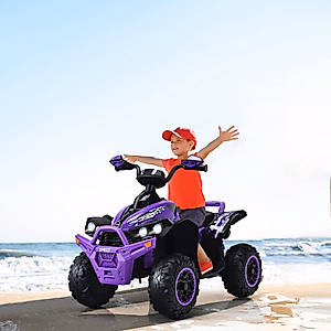 OLAKIDS Ride On ATV, 12V Kids 4 Wheeler Battery Powered Toy Car for Toddlers, Electric Rear Motorized Quad Vehicle for Boys Girls with LED Lights, Music, Horn, High Low Speed, Soft Start (Purple)
