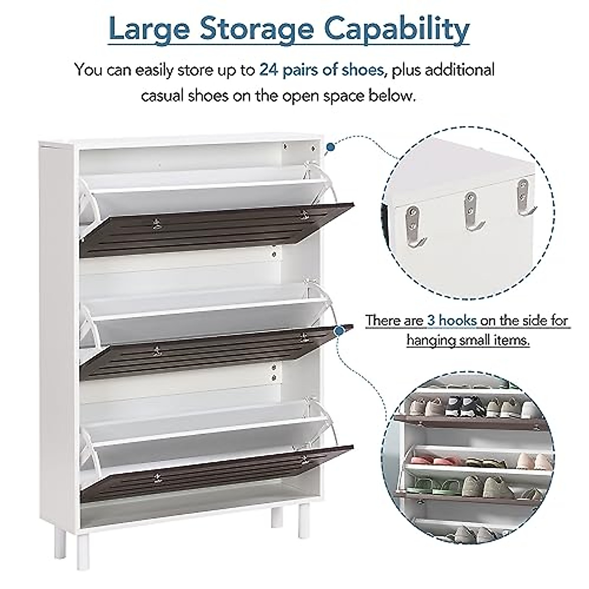 Narrow Shoe Cabinet with 3 Flip Drawers for 24 Pairs Shoes, Natural Wood Top Entryway Organizer with 3 Hooks, Free Standing Shoe Rack with Adjustable Panel for Hallway, 31.5''x9.4''x47.6'',White&Brown
