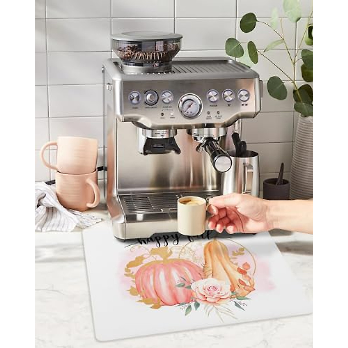 Coffee Mat for Counter, Happy Fall Thanksgiving Pink Pumpkin with Rose Absorbent Hide Stain Coffee Bar Mat, Non-slip Coffee Bar Accessories Kitchen Drying Mat Fit Under Coffee Maker Espresso Machine