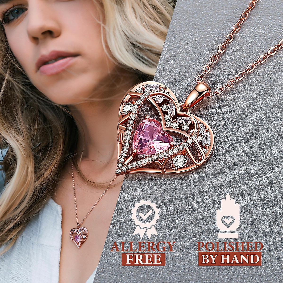 GEMMANCE 5 Heart Crystal Pendant Necklace - 925 Sterling Silver Chain - 18K Rose Gold Plated - Quartz Rose - 18”+2” Birthstone Jewelry for Women- Gifts for Birthday, Christmas