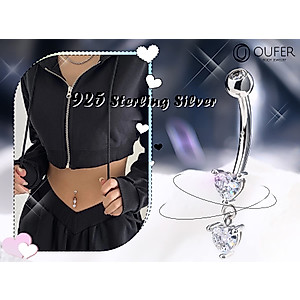 OUFER 14G Belly Rings, Dangle Belly Button Ring, 925 Sterling Silver Heart Belly Piercing Jewlery, Clear CZ Navel Piercing Jewelry for Women Men