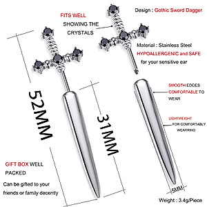 CHASELOV Gothic Earrings For Women, Sword Earrings, Goth Dagger Screw Back Earrings, Cool Mens Earrings, Fake Gauge Illusion Jewelry, Stainless Steel 18g Ear Jacket Earrings (Silver)