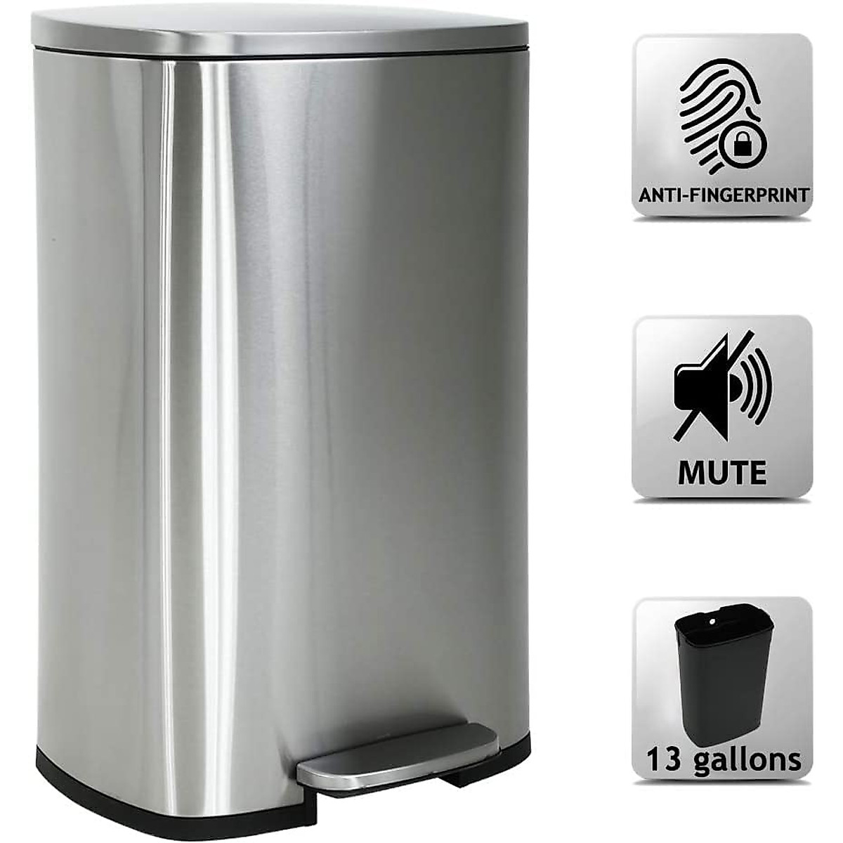 Dkelincs 13 Gallon Trash Can Stainless Steel Automatic Motion Sensor Kitchen Trash Can High-Capacity Touch Free Garbage Can with Lid for Bathroom Bedroom Home Office, 50 Liter,SS