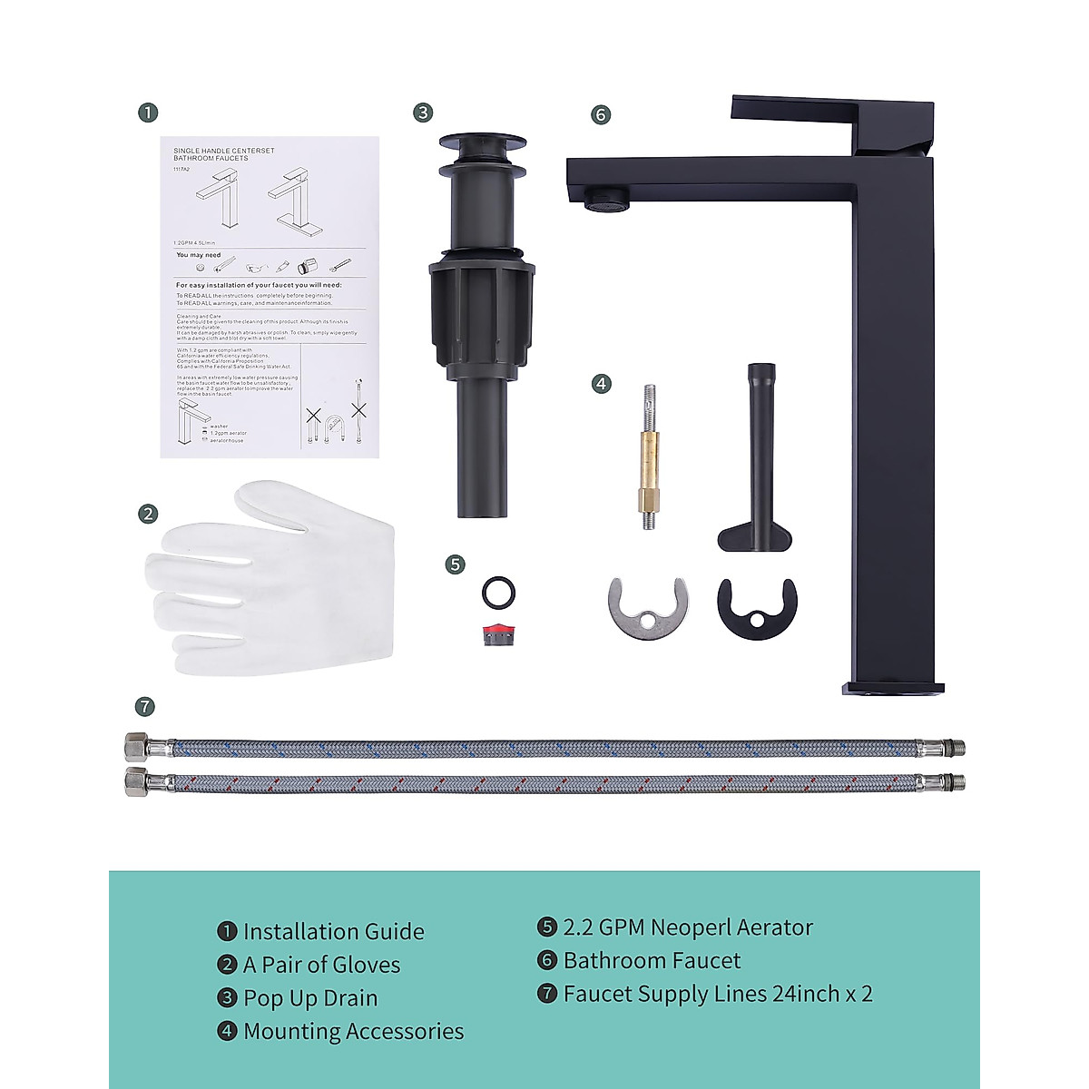 Vessel Sink Faucet Matte Black, ARCORA Single Handle Tall Bathroom Faucet, Single Hole Lavatory Vanity Mixer Bar Tap with Pop Up Drain and Faucet Supply Lines