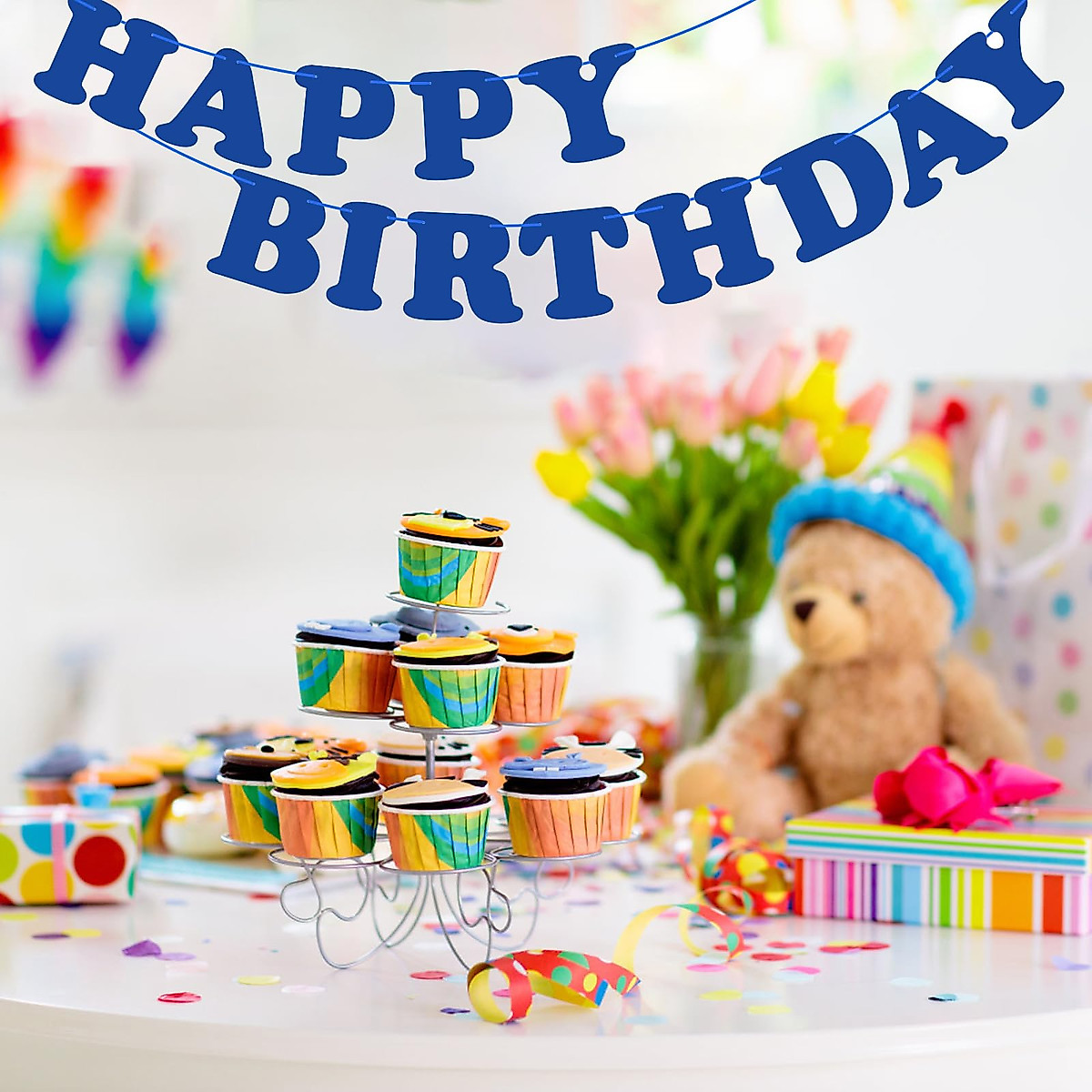 Navy Blue Happy Birthday Banner Sign Happy Birthday Bunting Banner Flag Garland for Kids Boys Baby Birthday Party Decorations Supplies