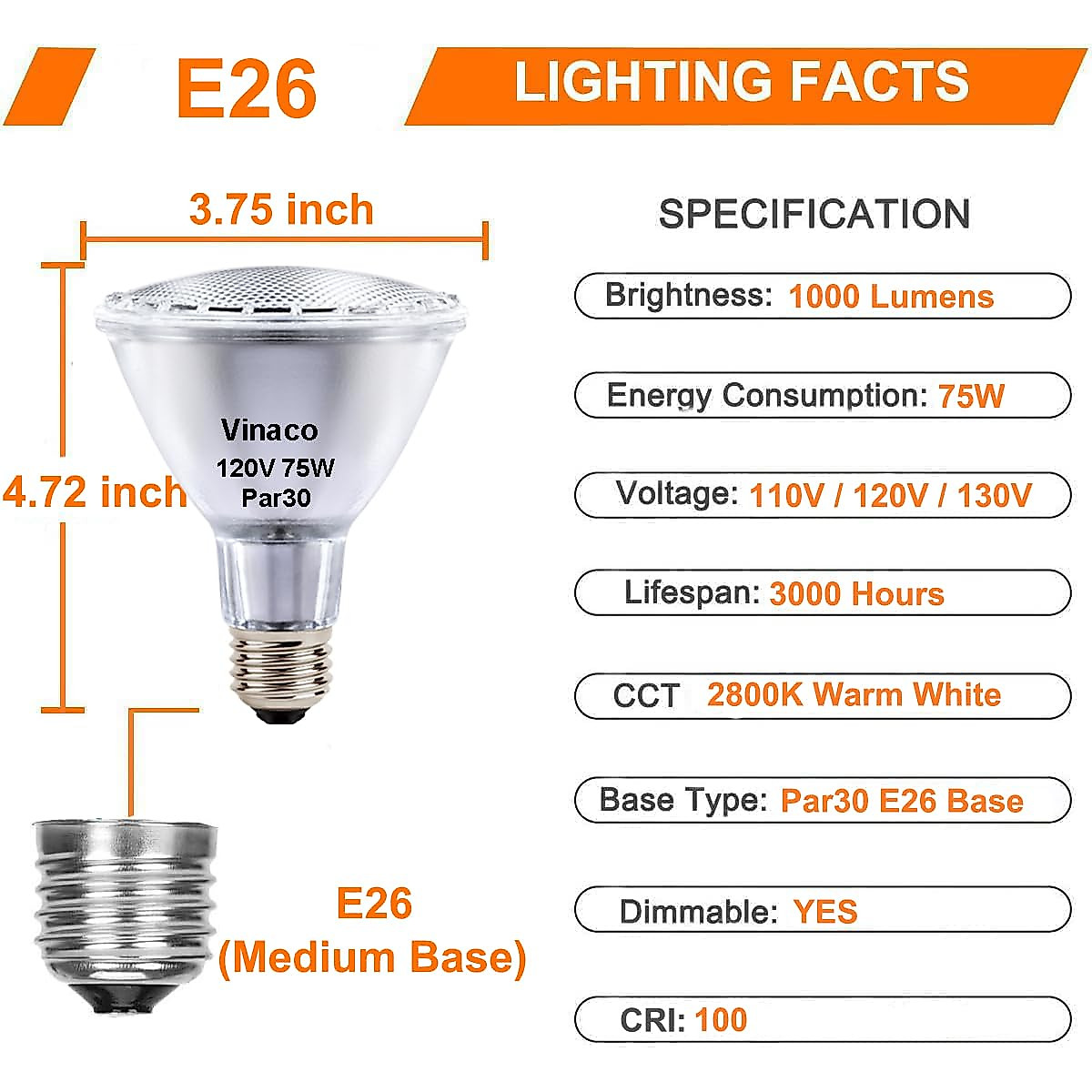 Vinaco PAR30 Long Neck 75W, 6 Pack Long Lasting PAR30 Halogen Flood Light Warm White 2800K, PAR30 Dimmable, High Output PAR30 Flood Light Bulb 120V with E26 Base for Indoor/Outdoor