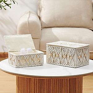 VinneGenzz Boho Macrame Storage Basket with Lid Organza Gift Bags Decorative Wood Beads Bohemian Jewelry Box Bin Handmade Woven Natural Cotton Desk Makeup Organizer Shelf Container (Small Size)