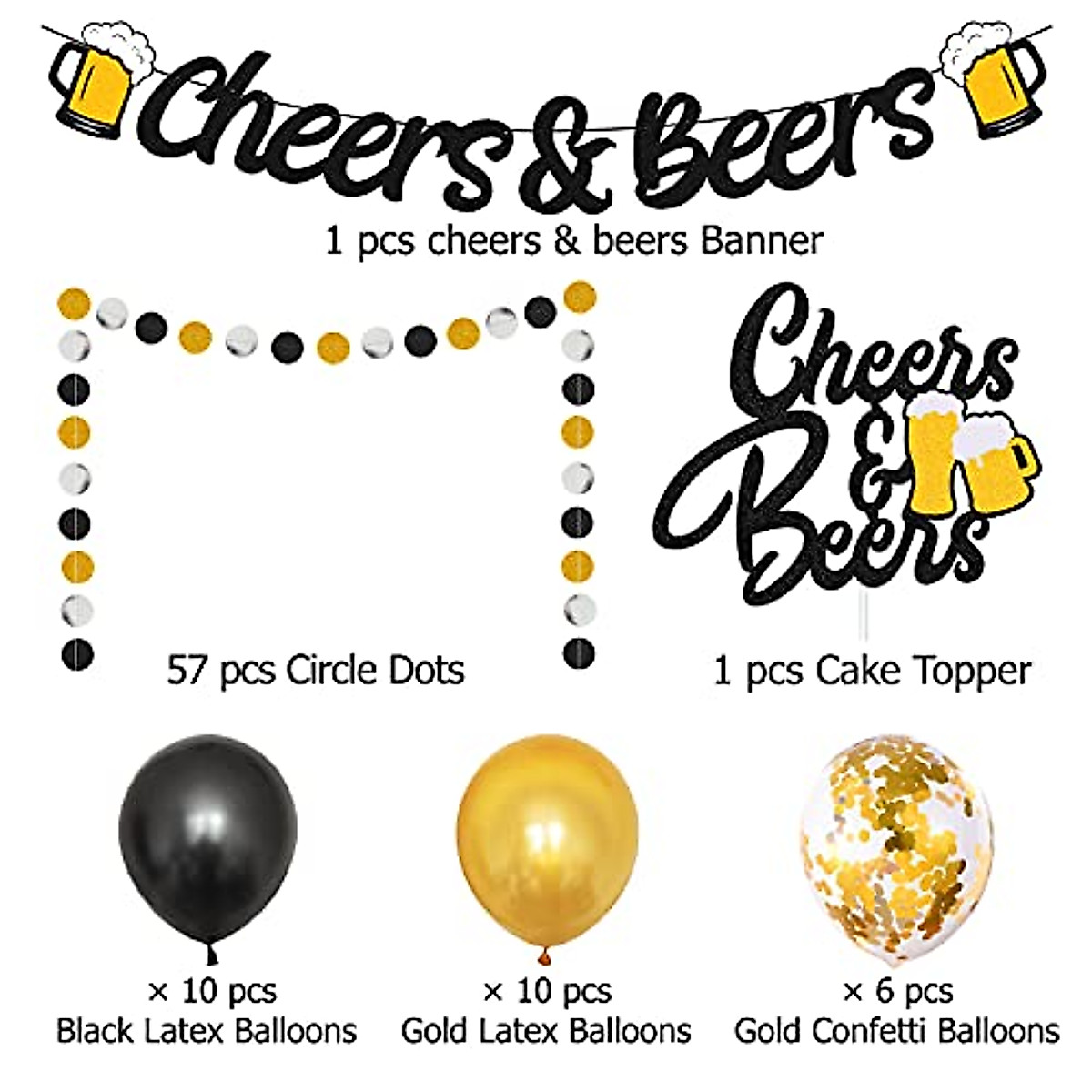 Cheers and Beers Banner With Cheers Cake Topper and Circle Dots Garland 12” Latex Balloons Kits Happy Birthday Banner for Man Woman Adults Him Her Bday Wedding Bachelorette Baby Shower Housewarming Party Event Celebration Supplies