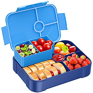 HOMETALL Bento Box for Kids - Leakproof Bento Lunch Box with 6 Compartments Portions Lunchbox for Kids Ages 3 to 7 Back to School, BPA-Free Reusable On-the-Go Meal and Snack Packing Containers, Blue