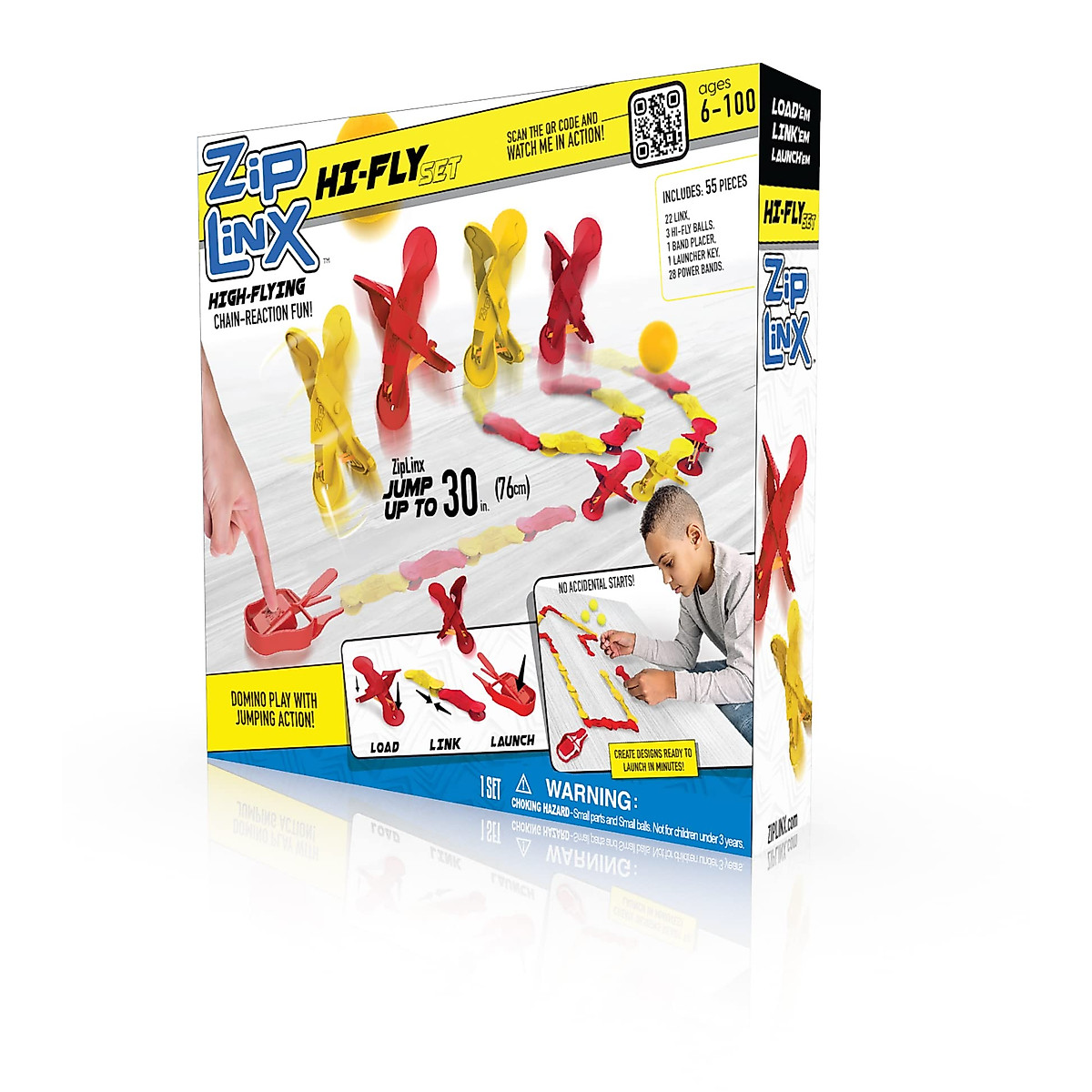 Zip Linx Jumping Domino Action - Hi-Fly Set | Chain Reaction Game - Create Unlimited Designs | Includes 22 ZipLinx, 3 Hi-Fly Balls, and 1 Launcher Key