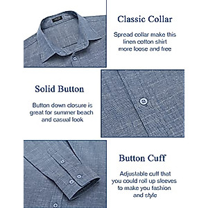 COOFANDY Men's Cotton Linen Long Sleeve Shirt Untuckit Business Button Down Shirts Dark Blue