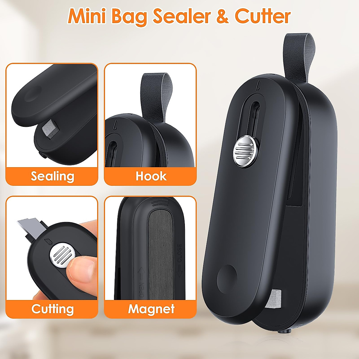 FEPPO 2 Pack Bag Sealer, Mini Bag Sealer 2 in 1 Handheld Chip Bag Sealer Heat Seal and Cutter with Lanyard, Portable Resealer for Snacks Plastic Bag Food Storage, Black/White (Batteries Included)