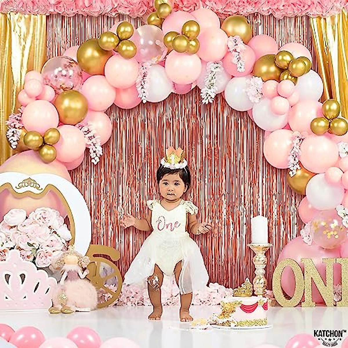 KatchOn, Rose Gold Fringe Curtain - XtraLarge 3.2x8 Feet, Pack of 2 | Rose Gold Backdrop for Bachelorette Party Decorations, Rose Gold Party Decor | Rose Gold Streamers, Rose Gold Birthday Decorations