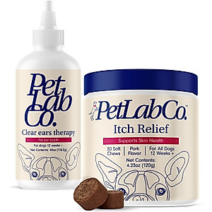 PetLab Co. Ear & Coat Support Bundle: Support Ear Health & Hygiene with Our Dog Ear Cleaner 4 Ounces & Itch Relief Chews Designed to Support Optimum Skin Condition & Maintain Skin Health 30 Count