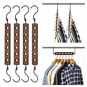 Mkono 4 Pcs Hangers Space Saving Wood Collapsible Hangers for Closet Shirt Organizer with 6 Holes College Dorm Room Essentials, Multiple Hangers in One Closet Clothes Organizer Magic Hanger Stacker