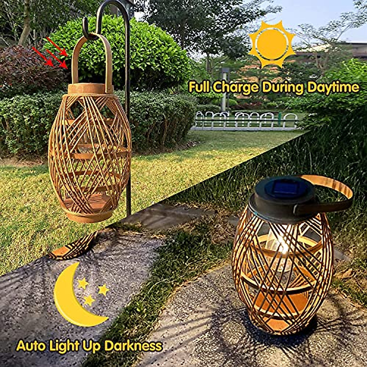 pearlstar Outdoor Solar Lanterns Light Rattan Bamboo Lamp with Handle for Hanging or Table Lamp for Patio Yard Garden Wedding Home Decoration, Edison Bulb, Auto on/Off(Style2)