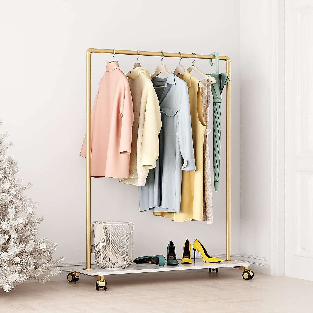 FONECHIN Gold Metal Clothing Rack with Wood Shelf, Heavy Duty Rolling Garment Rack with Wheels for Bedroom Retail Boutique Use (49.21L inches)