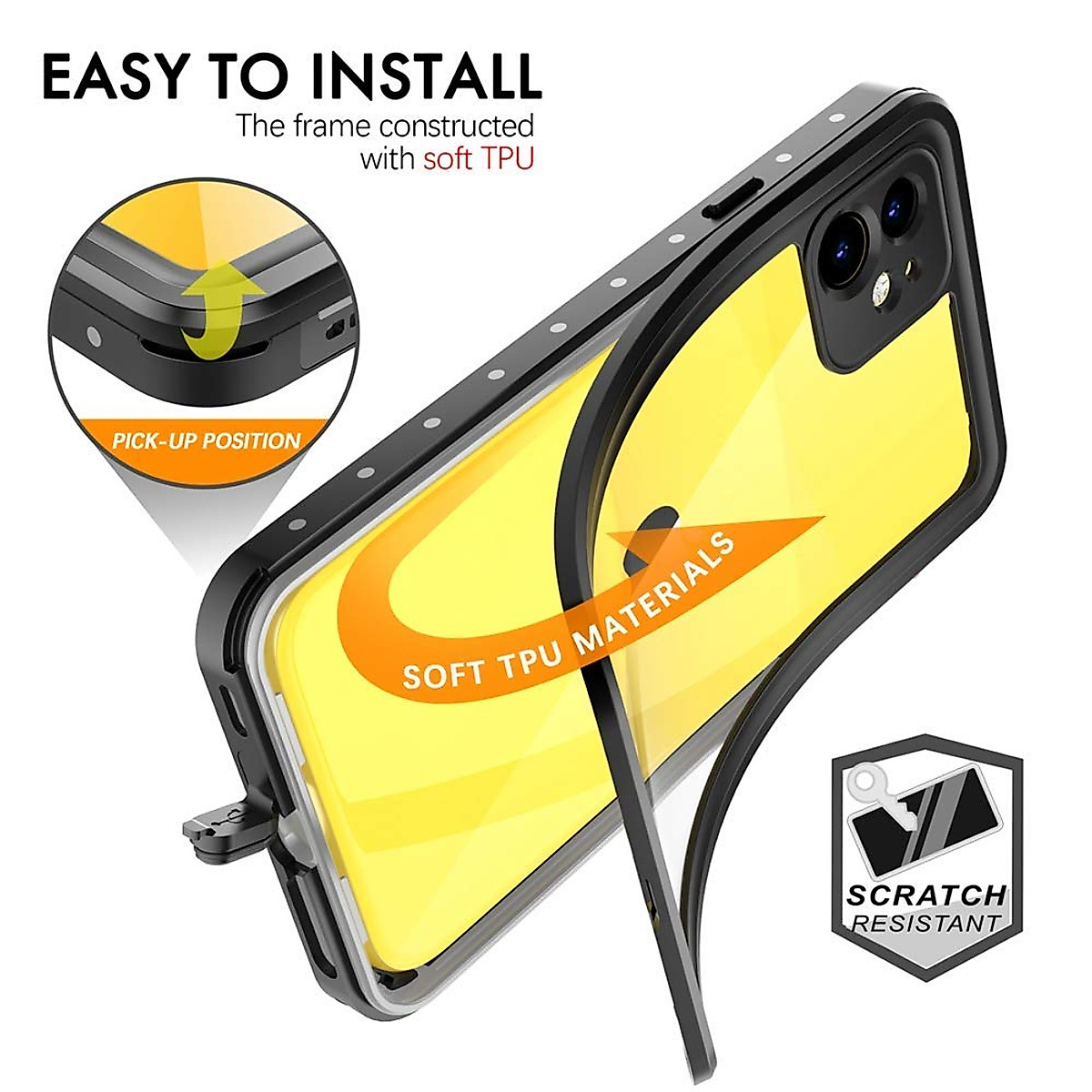 inkolelo iPhone 11 Waterproof Case, Built-in Screen Full-Body Protector with Floating Strap IP68 Waterproof Case for iPhone 11 6.1 Inch (2019) - Matte Black/Orange