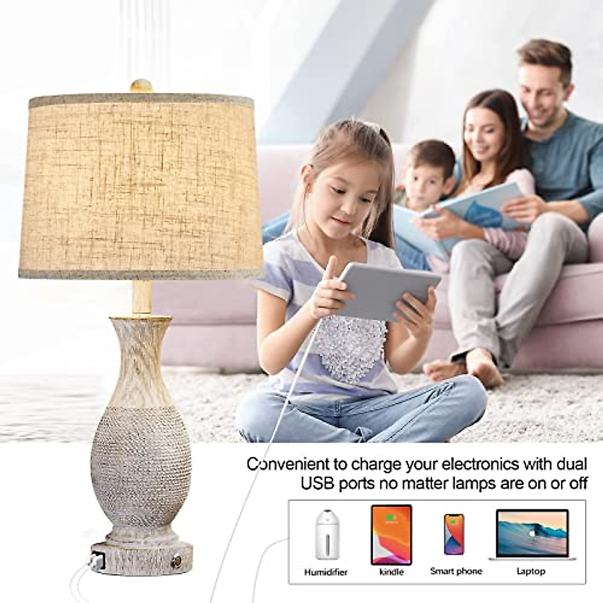 26.5" Farmhouse Table Lamp for Living Room, Rustic Touch Bedside Table Lamp Set of 2 with USB Charging Ports,3-Way Dimmable Nightstand Lamps for Bedroom,Oatmeal Linen Lampshade,LED Bulbs Included