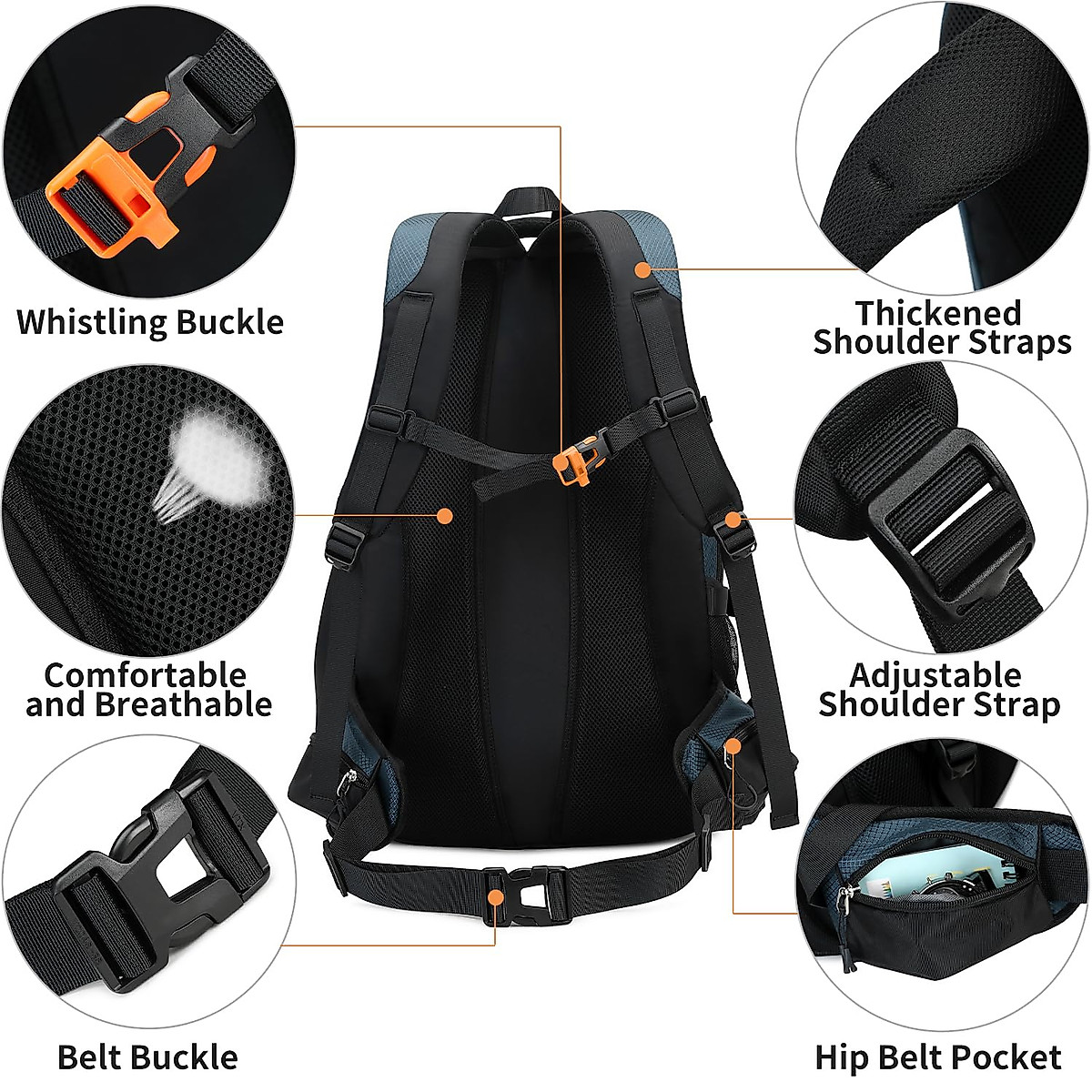 BOVIP 40L Hiking Backpack Waterproof Lightweight Daypack Travel Sports Camping Backpack for Men Women Blue