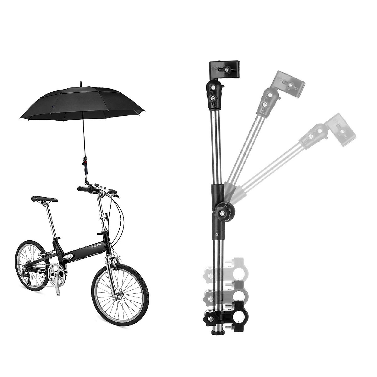 Flexzion Bicycle Umbrella Mount Holder, Swivel Connector Handlebar Frame Stand, Adjustable 2 Section Tube Handle, Outdoor Sports Accessories for 0.67~0.9 inch Handlebar Bike Baby Stroller Wheelchair