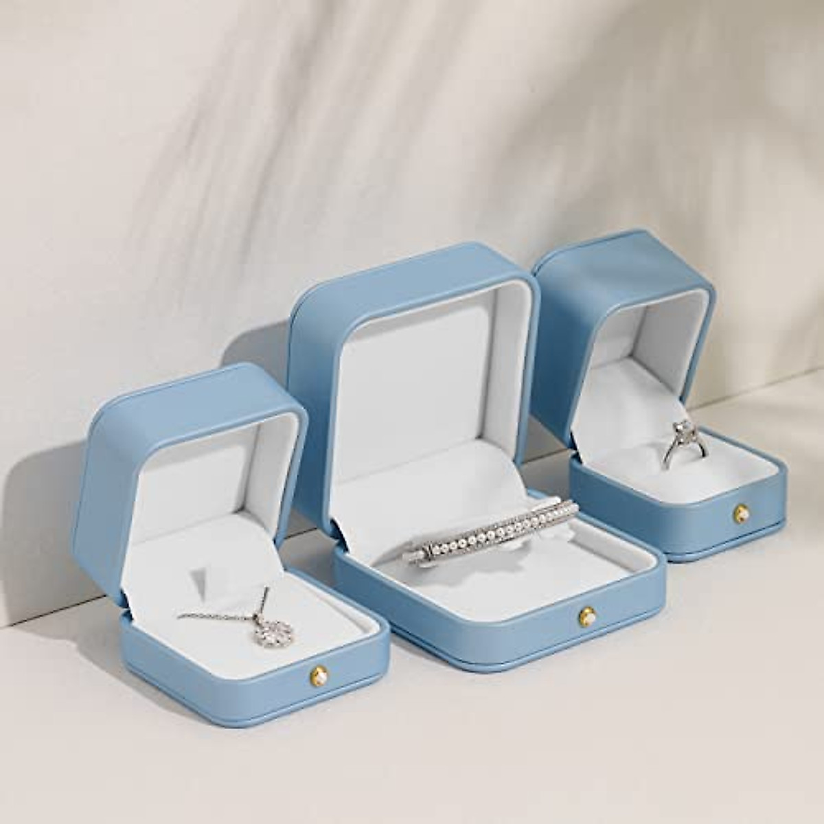 Oirlv Elegant Sky Blue Ring Box Leather Engagement Ring Box Jewelry Gift Box for Wedding Proposal Velvet Interior Ring Case