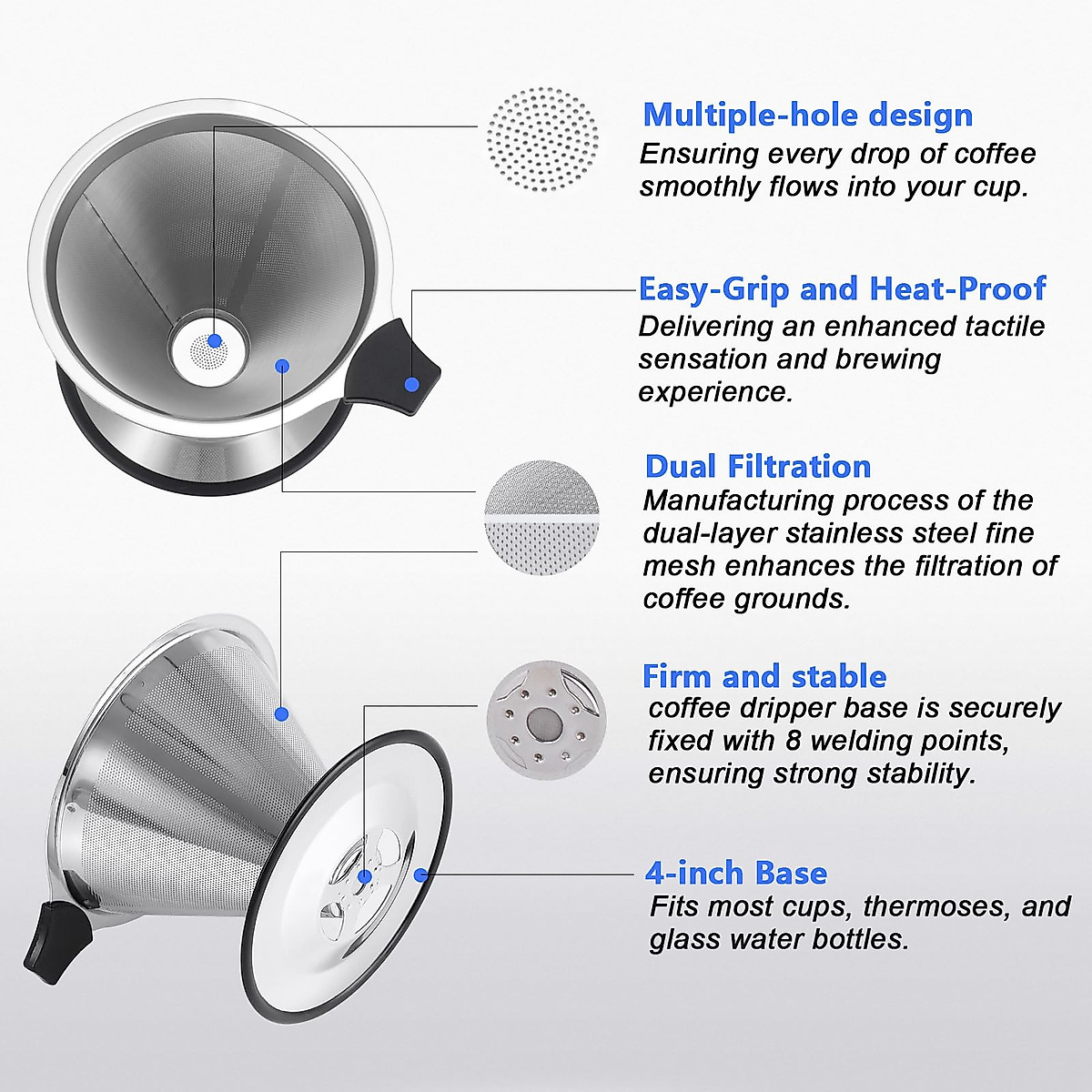 INSINTAR Pour Over Coffee Dripper Reusable Stainless Steel Pour Over Coffee Maker Paperless Coffee Filter Single Cup Coffee Maker 1-4 Cup