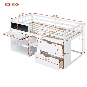 Harper & Bright Designs Twin Size Low Loft Bed with Storage Shelves and Drawers, Wooden Twin Size Loft Bed with Rolling Desk and Chalkboard, for Kids Teens Girls Boys - White
