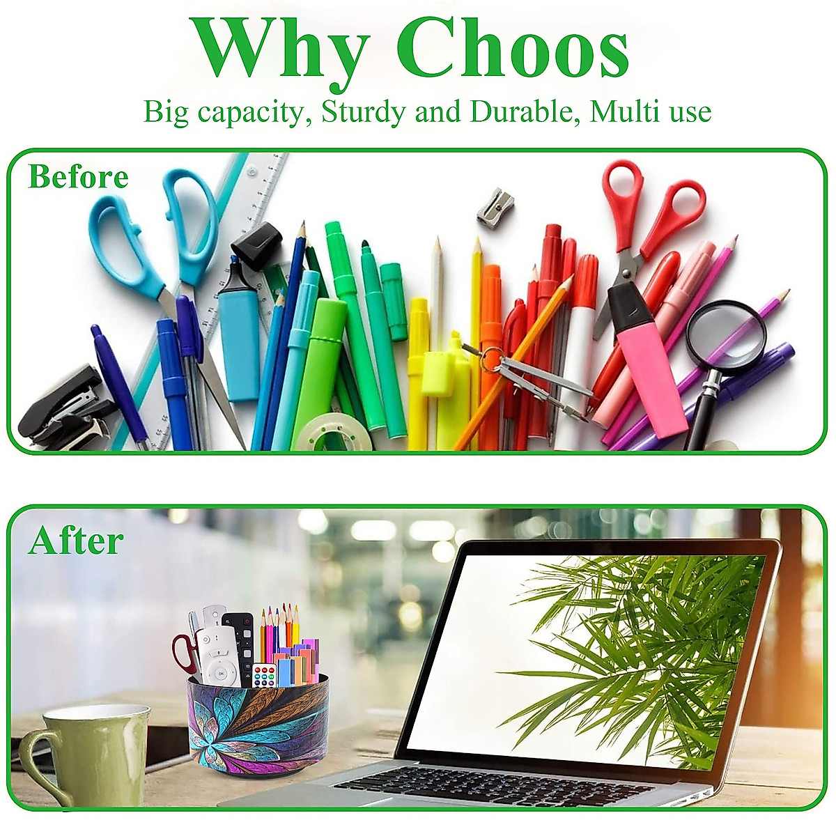 Hennaja Round Leather Art Supply Organizer,Remote Control Holder,360 Degree Rotating,Multi-Functional Pencil Holder,4 Compartments Desktop Stationary Organizer(1-Fractal Flower)