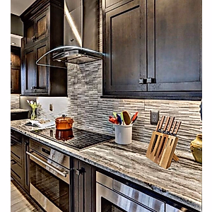 Knife Set with Block, KAV 7pc Kitchen Knives and Sharpening Rod, Stainless Steel Knife Set in High Carbon Matte Black, Chef's Slicing Bread Utility Knifes, Modern Wooden Block Open Face