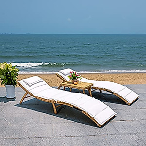 SAFAVIEH Outdoor Collection Carew Natural/White Cushion 3-Piece Chaise Lounge Chair Set with Table (PAT7720D)